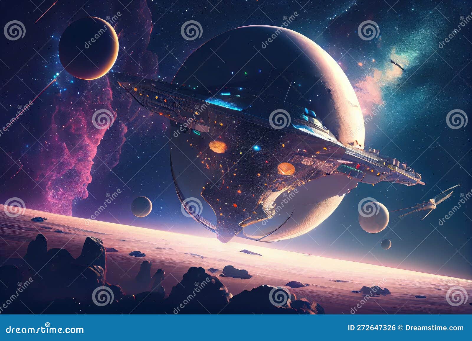 Futuristic Spaceship Flying Past Starry Sky, with Planets and Other ...