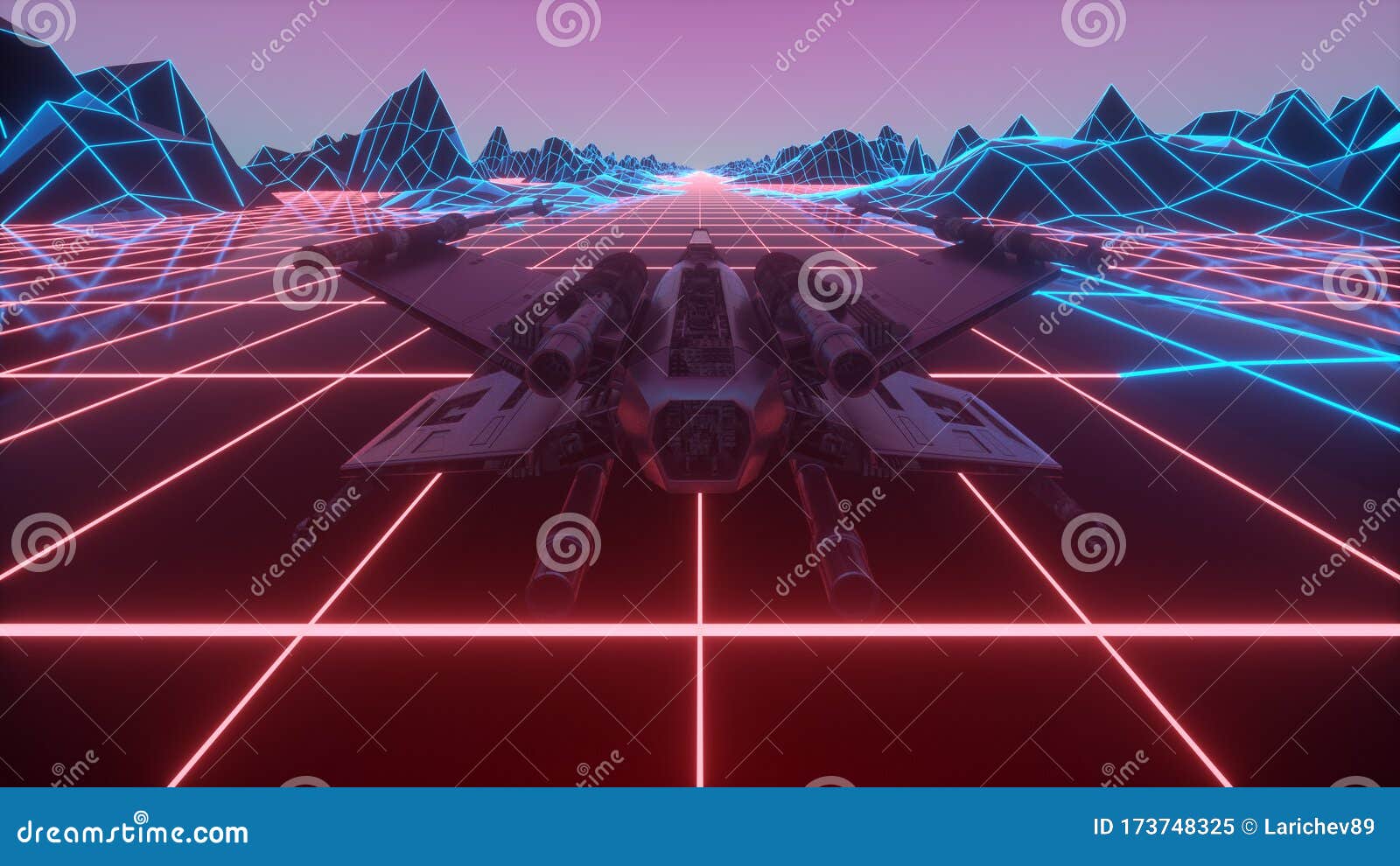 Futuristic Spaceship Flying through Space. Retro Futuristic 80`s Style ...