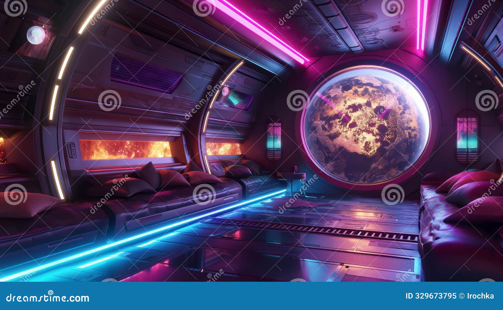 Futuristic Spaceship Interior with Circular Window Overlooking the ...