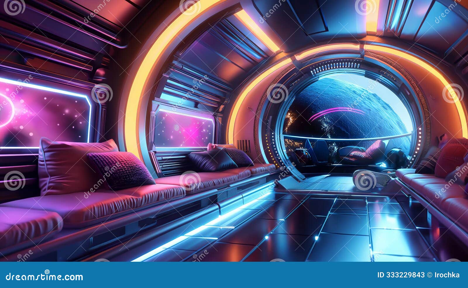 Futuristic Spaceship Interior with Circular Window Overlooking the ...