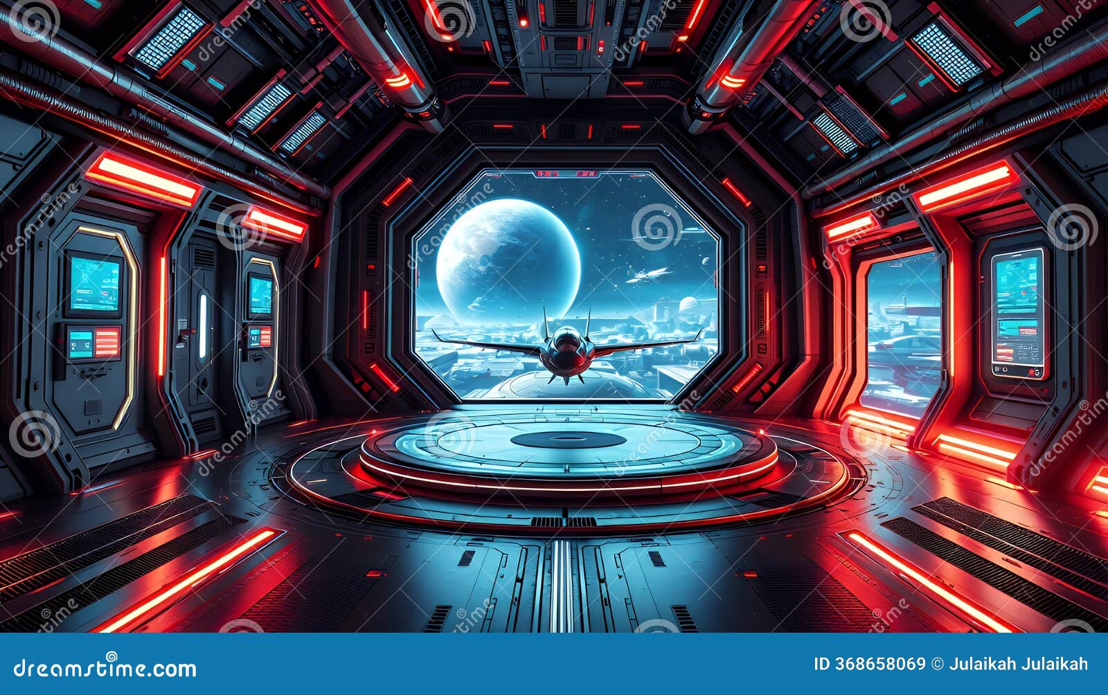 Futuristic Spaceship Interior With Pixel Art Style And Planetary View ...
