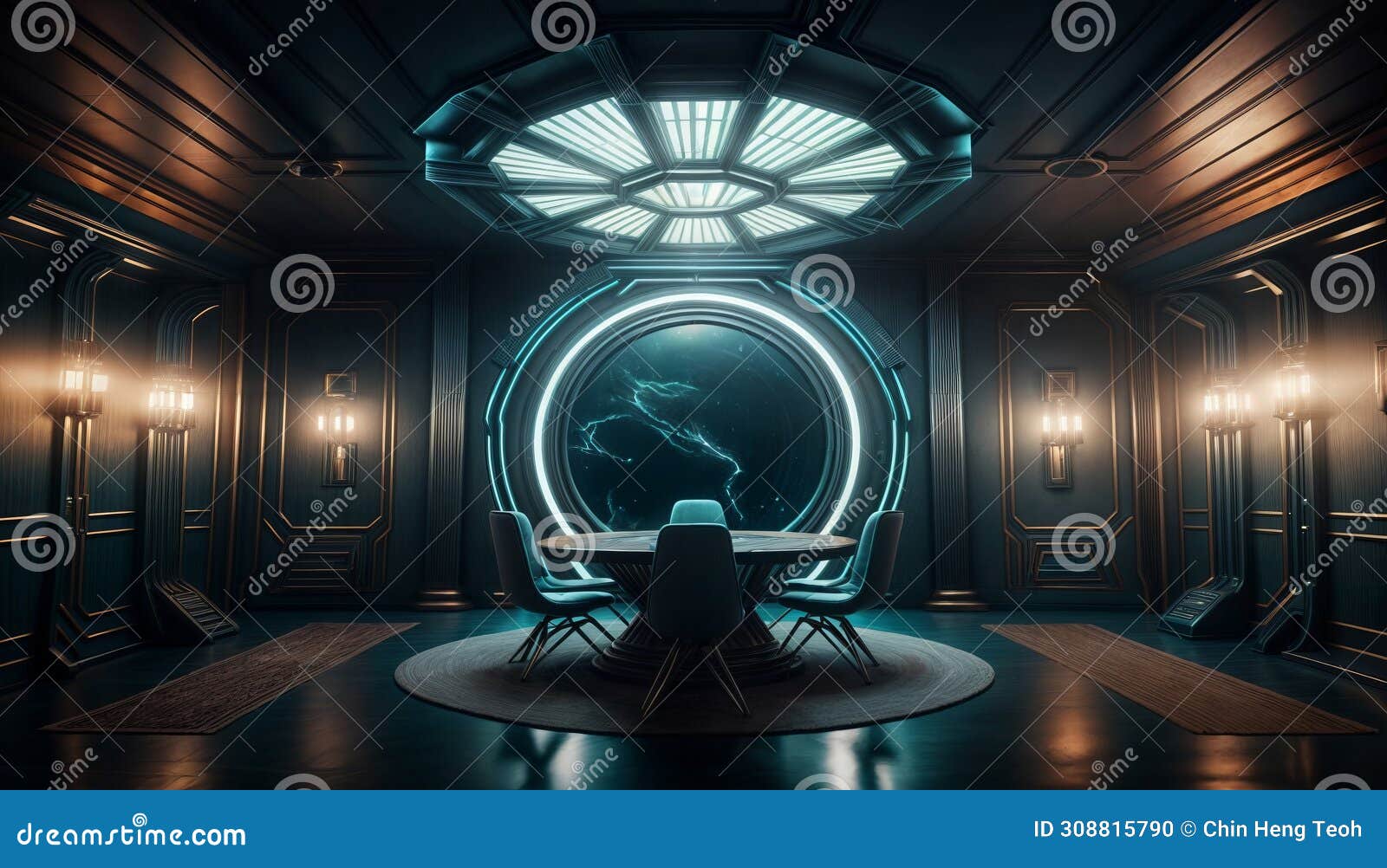 Futuristic Spaceship Interior with Round Table. Future Concept Stock ...