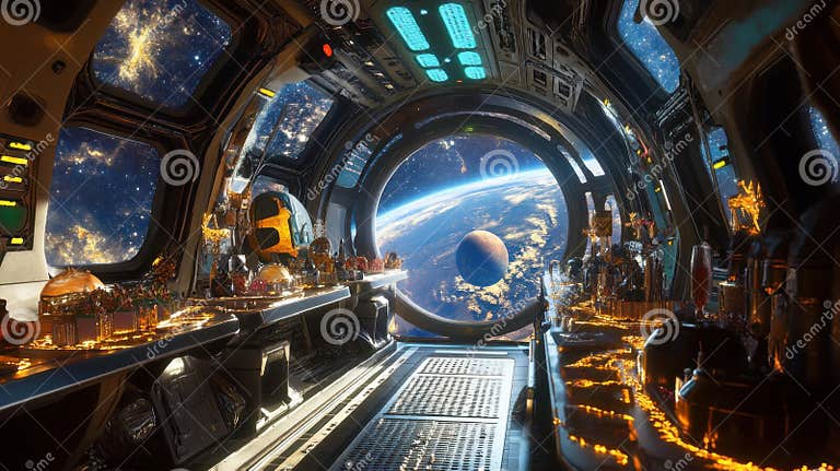 Futuristic Spaceship Interior with View of Earth and Mars from a Large ...