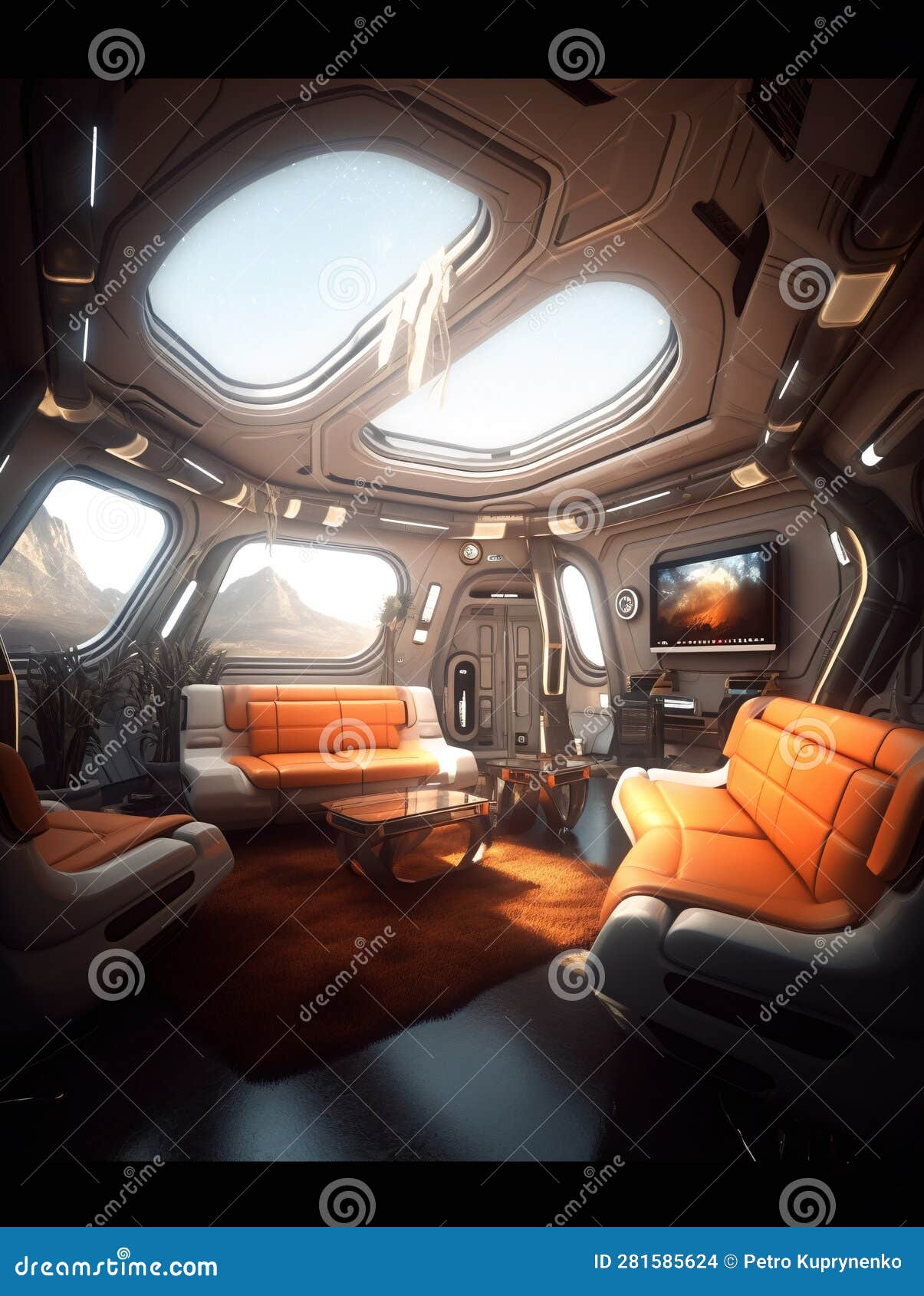 Futuristic Spaceship Living Room with Sofas and Flat Screen TV. AI ...