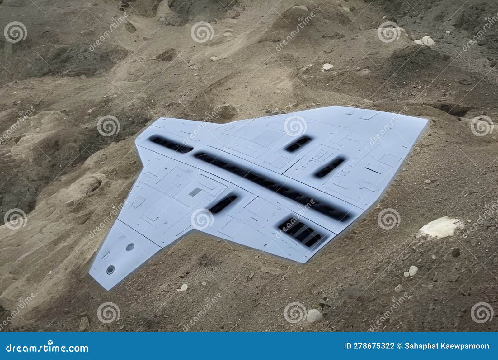 Futuristic Spaceship Model in the Sand. 3D Rendering Stock Illustration ...