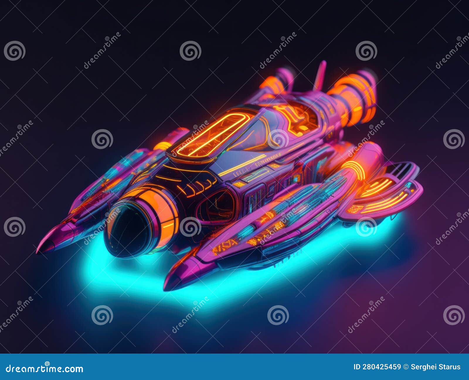 A Futuristic Spaceship with Neon Lights on a Dark Background ...