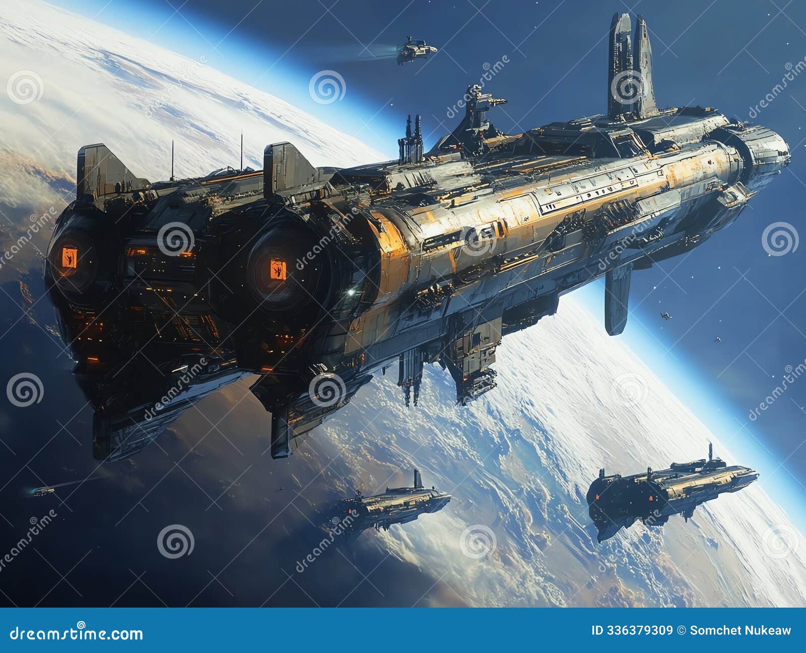 Futuristic Spaceship in Orbit Around Earth, Showcasing Advanced ...