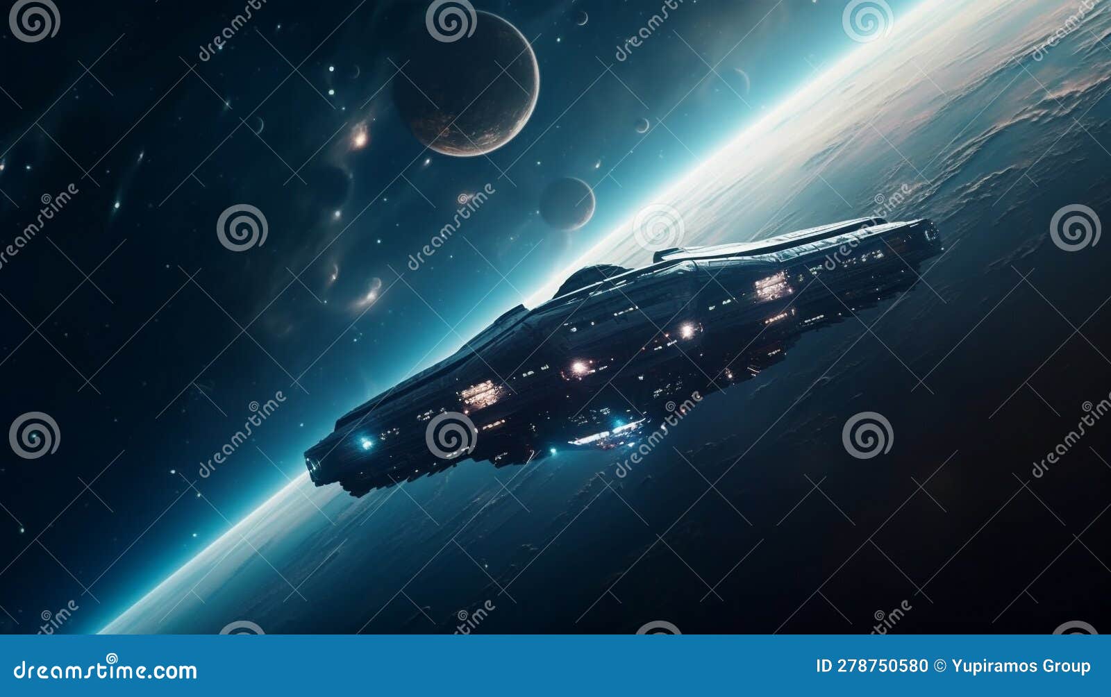 Futuristic Spaceship Orbits Dark Galaxy Transporting Cargo Container ...