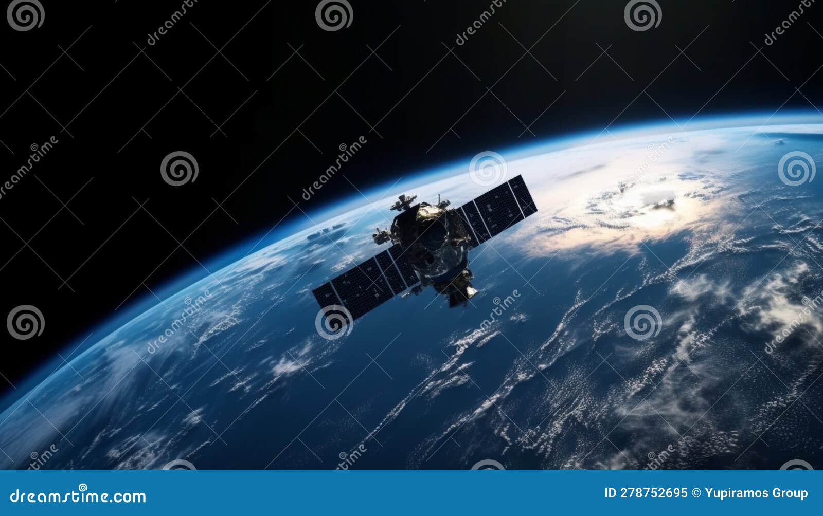 A Futuristic Spaceship Orbits Planet Earth, Broadcasting Global ...