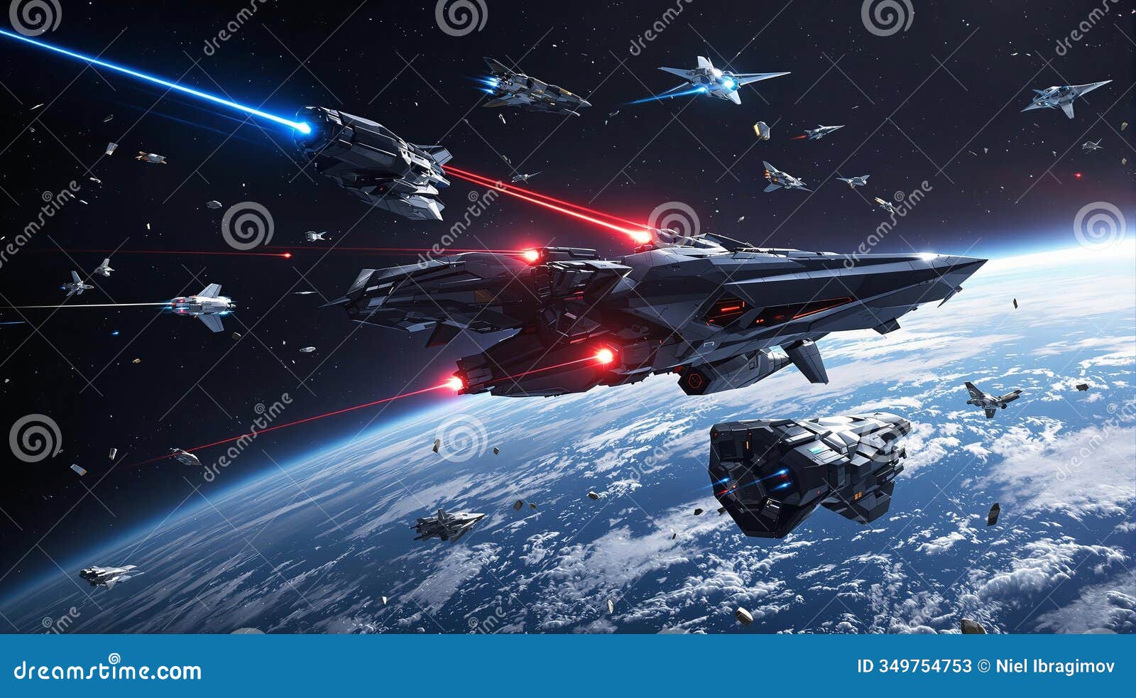 Futuristic Spaceships Engaged in Epic Space Battle Above Earth Stock ...