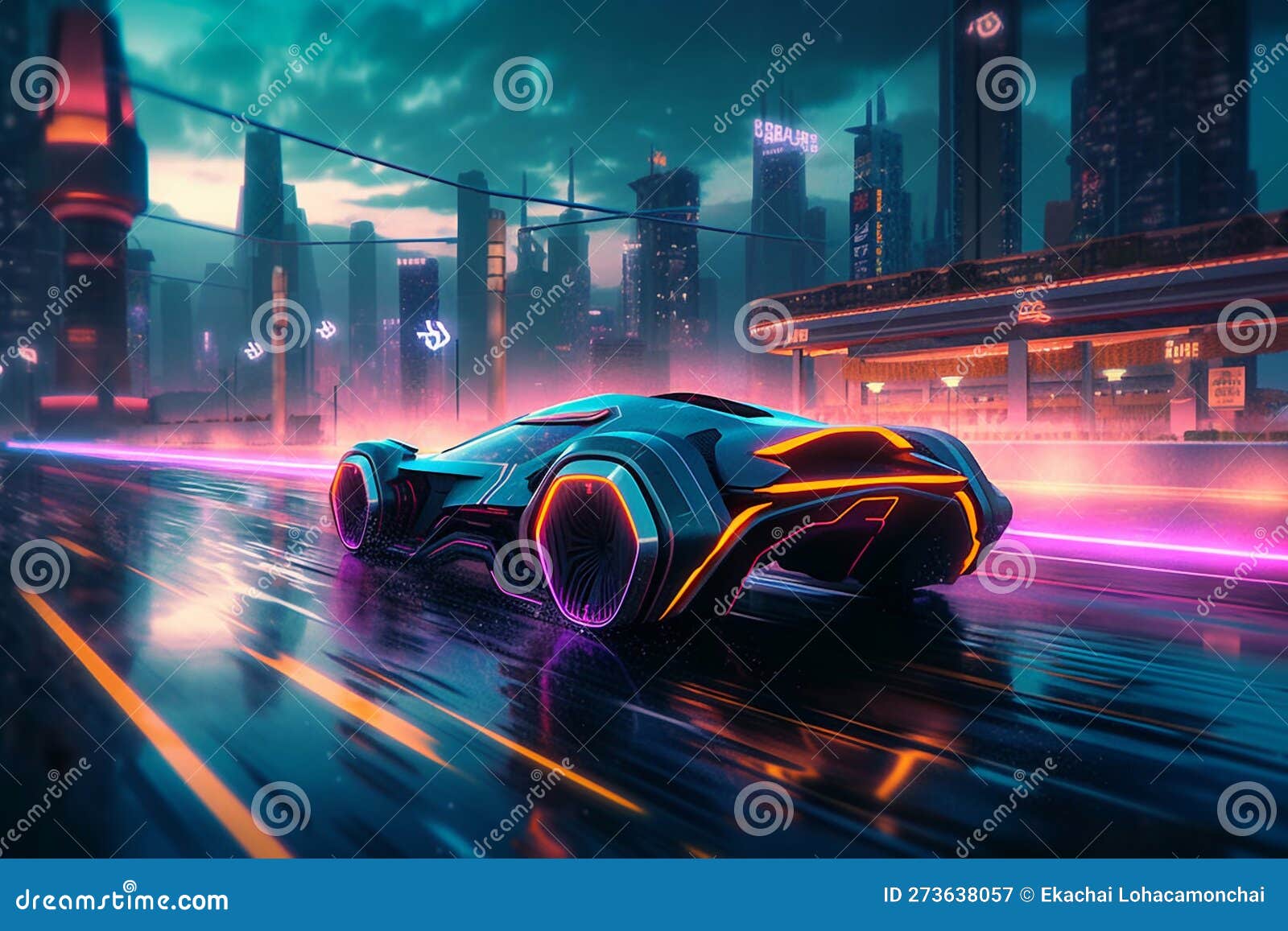 Futuristic Speed Racing through Neon City. Generative AI Stock ...