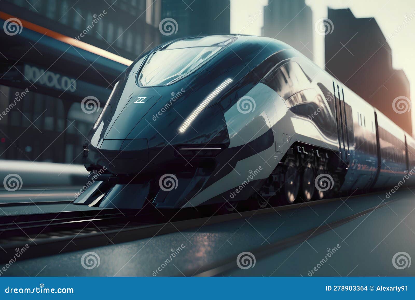 Futuristic Speed Train with Blue Lights in Megapolis Stock Illustration ...