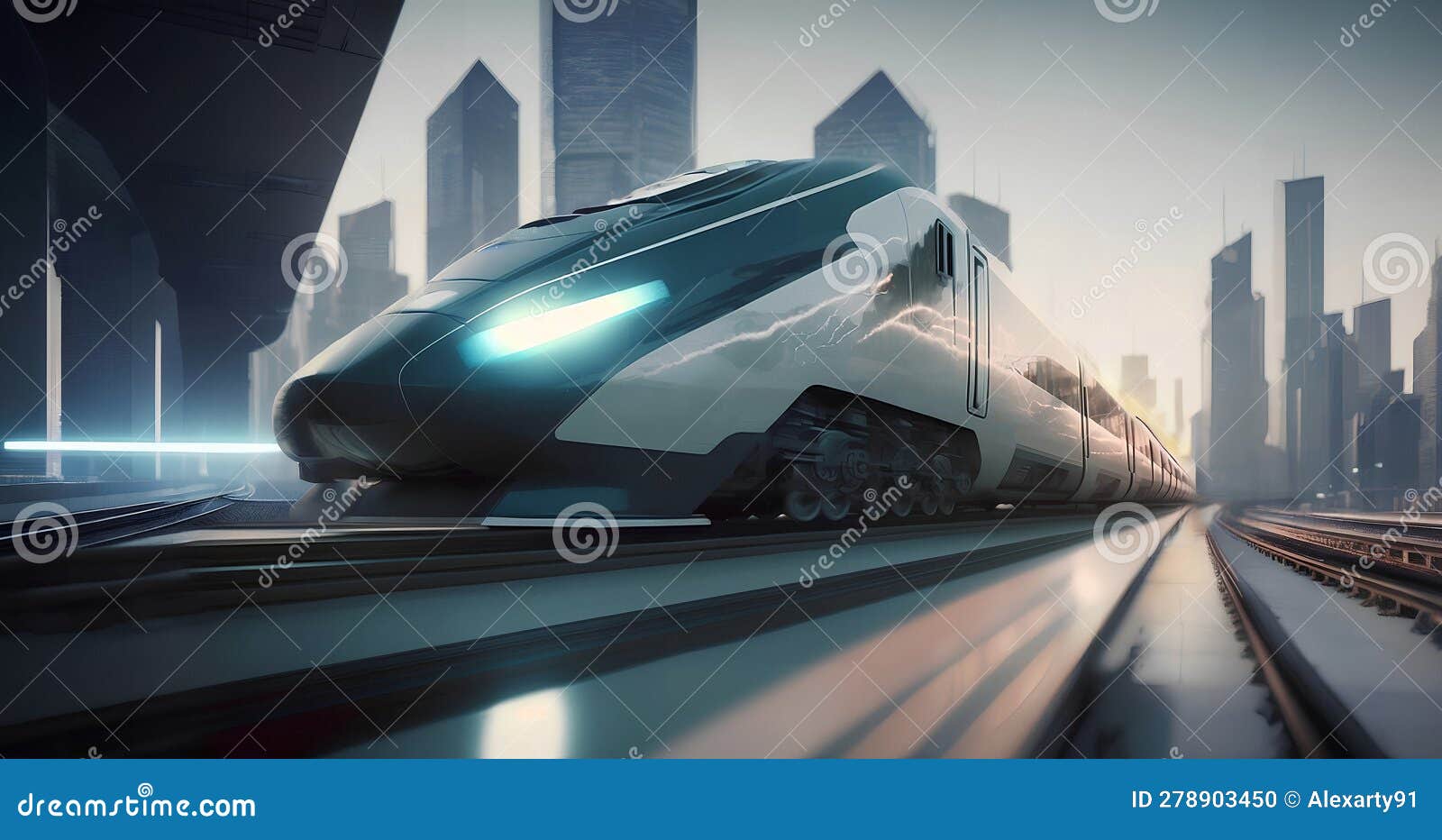 Futuristic Speed Train with Blue Lights in Megapolis Stock Illustration ...