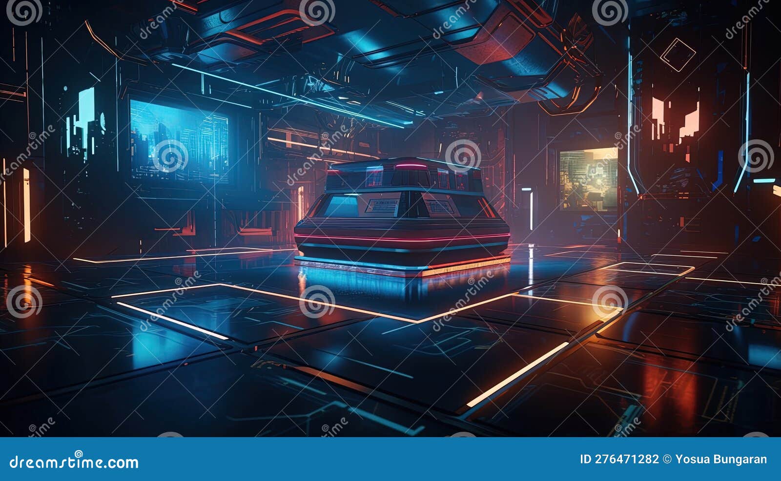 Futuristic Stage with Neon Lights, Digital Art Illustration, Generative ...