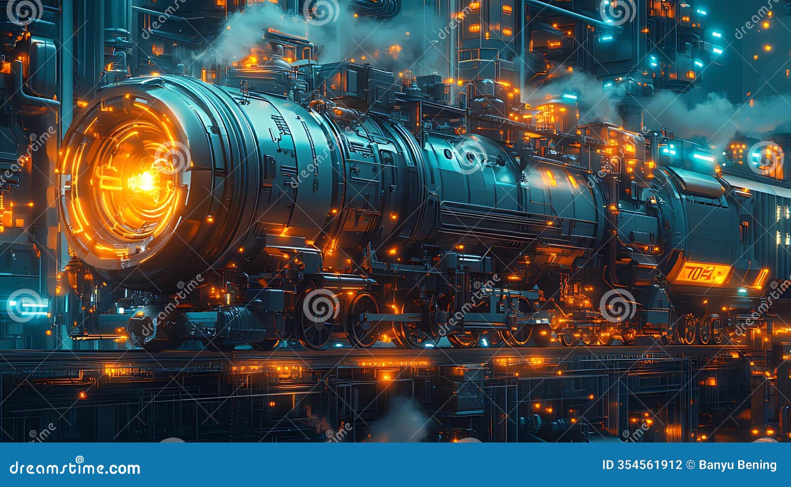 Futuristic Steam Train in a Cyberpunk City Stock Illustration ...