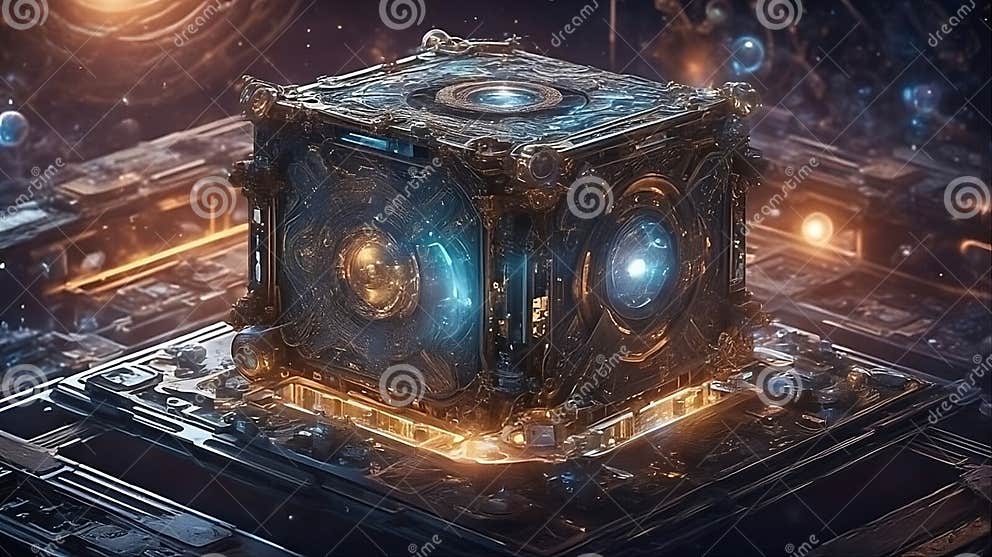 Futuristic Steampunk Cube Computer Chip on a Circuit Board Ai Created ...