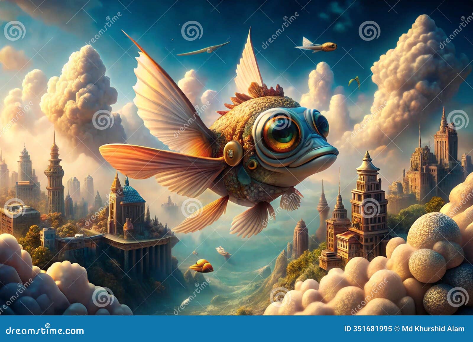 Futuristic Steampunk Fish Exploring a Surreal Sky City Adorned with ...