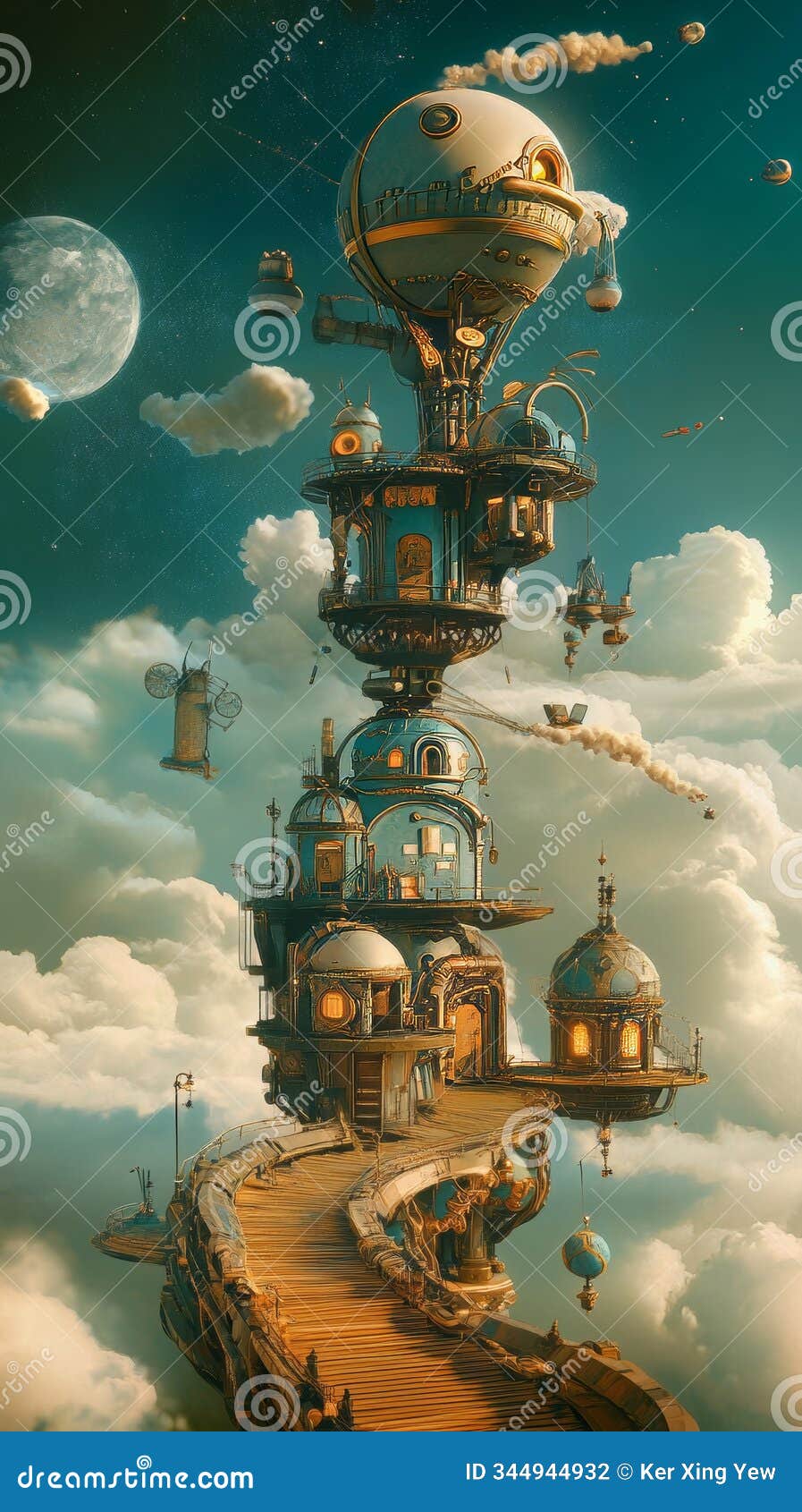 Futuristic Steampunk Tower In The Clouds With Moonlit Sky And Airships ...