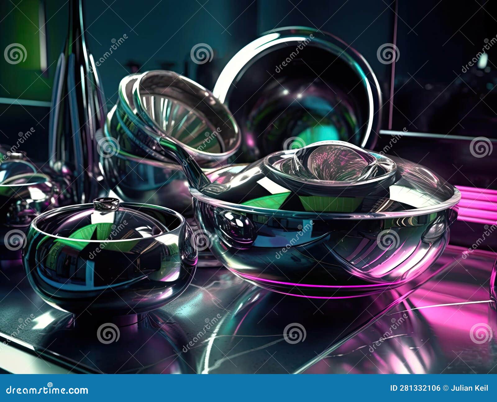 Futuristic Still Life with Metallic Objects and Neon Stock Illustration ...