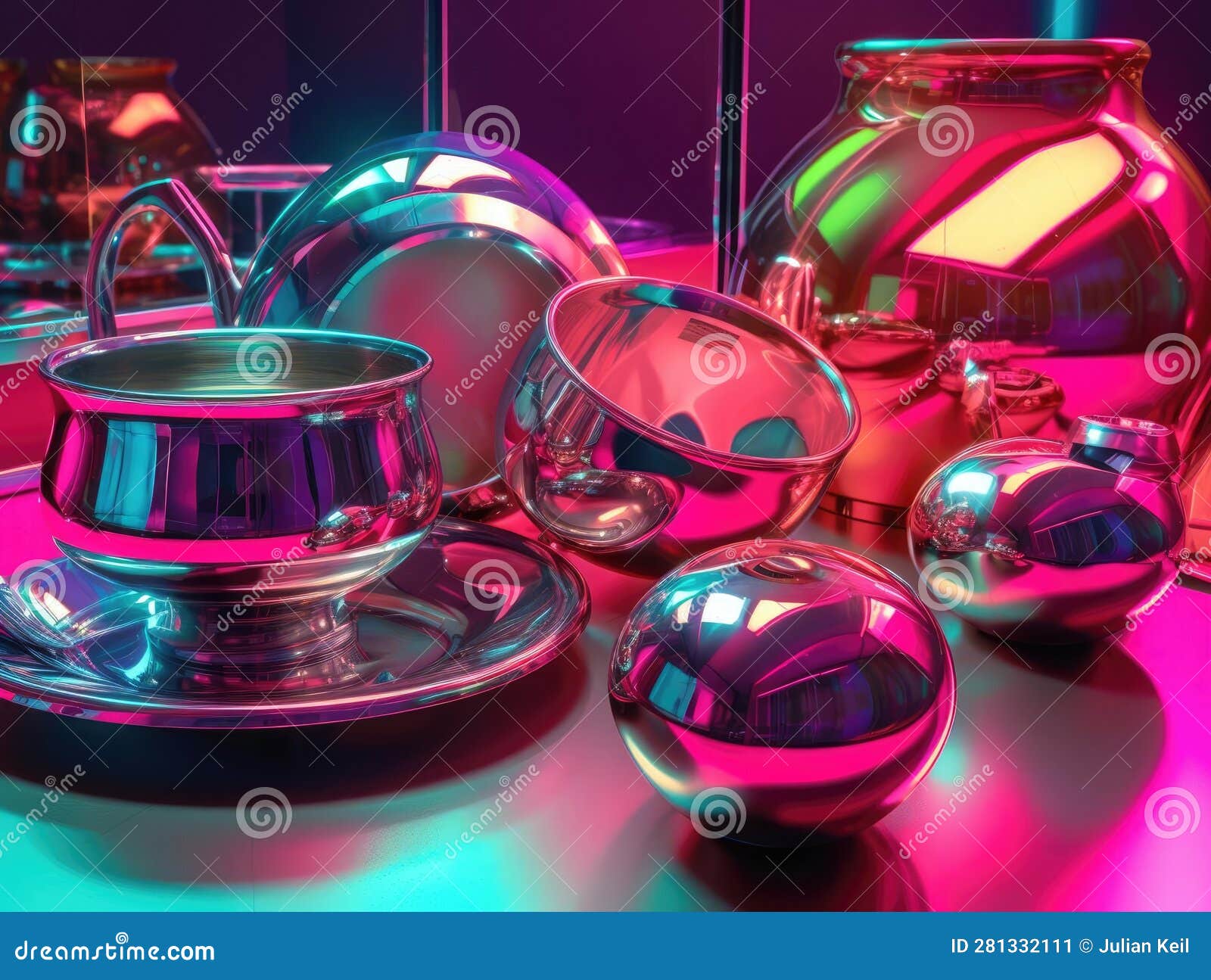 Futuristic Still Life with Metallic Objects and Neon Stock Illustration ...
