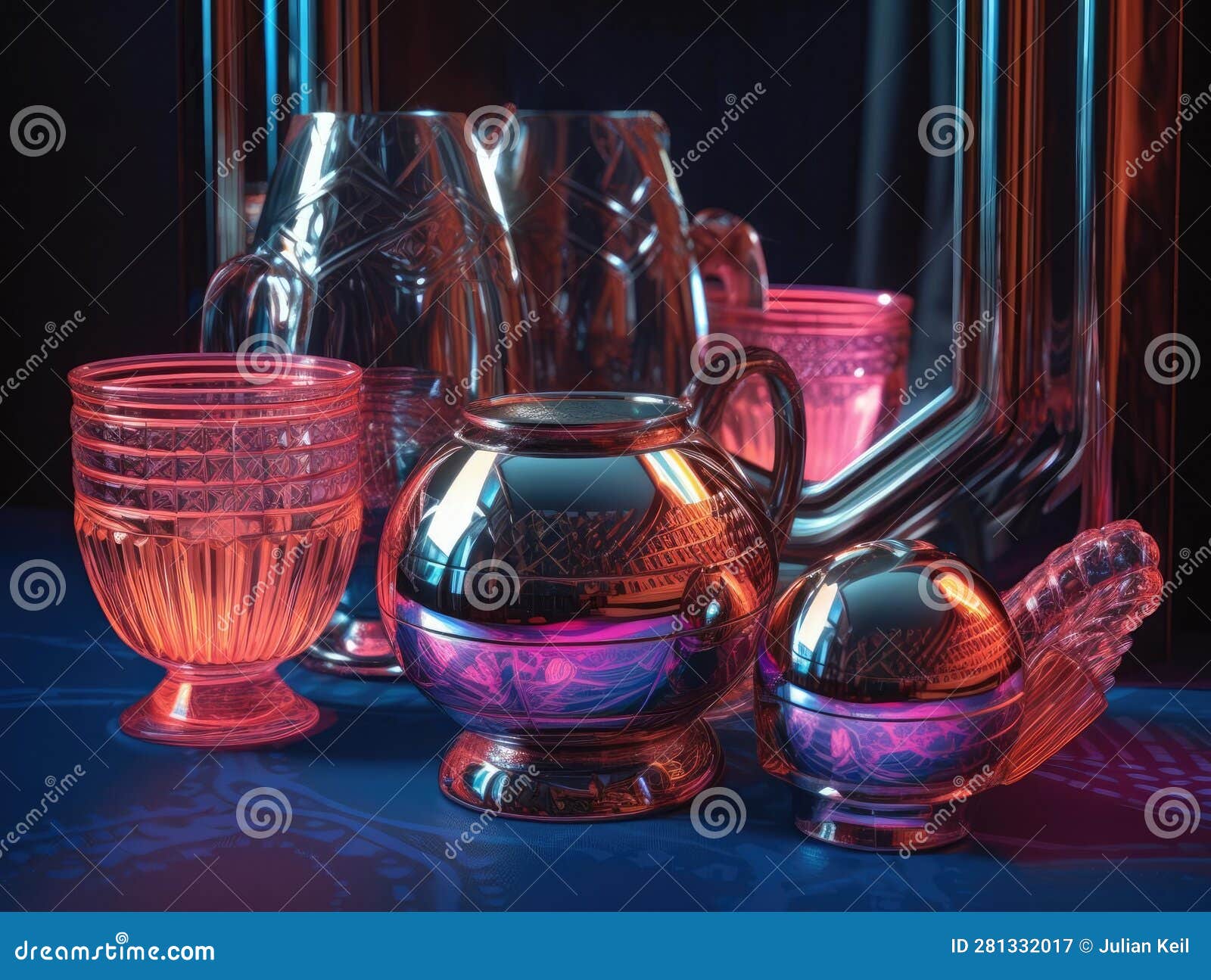 Futuristic Still Life with Metallic Objects and Neon Stock Illustration ...