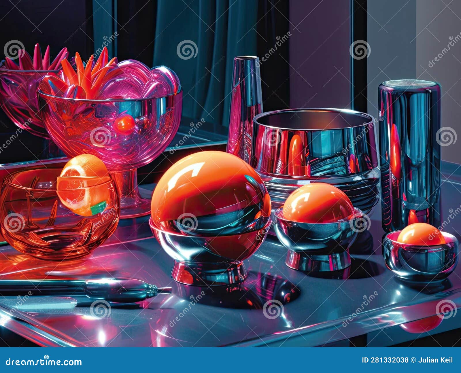 Futuristic Still Life with Metallic Objects and Neon Stock Illustration ...