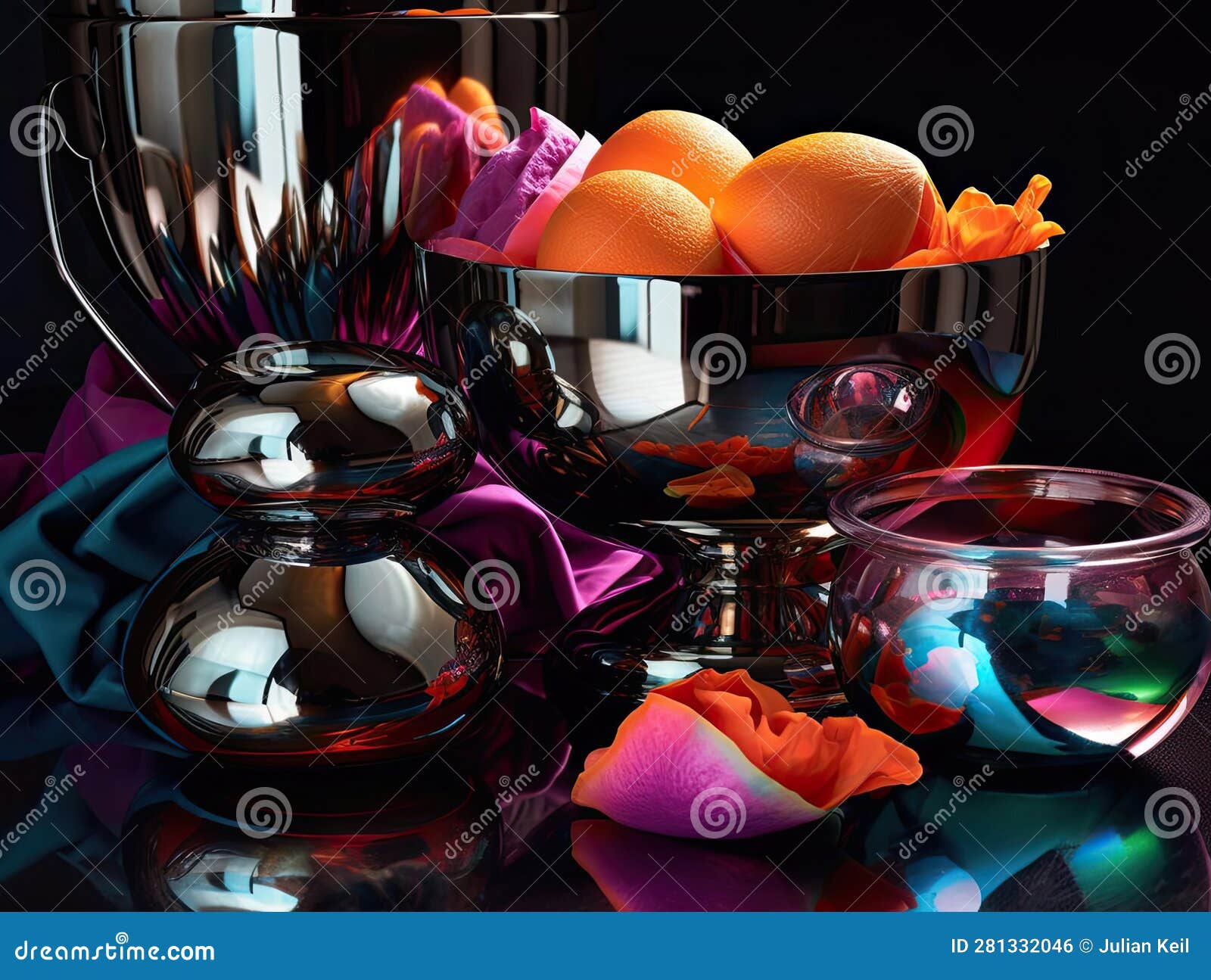 Futuristic Still Life with Metallic Objects and Neon Stock Illustration ...