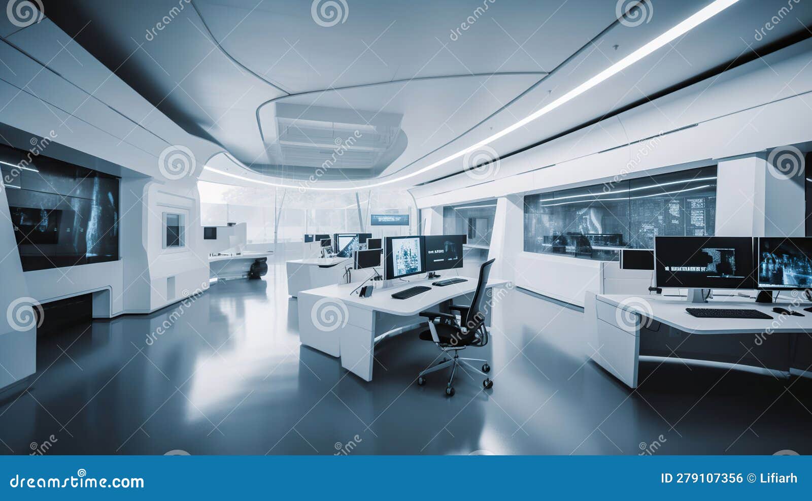 A Futuristic, Streamlined Office with Advanced Technologies and ...