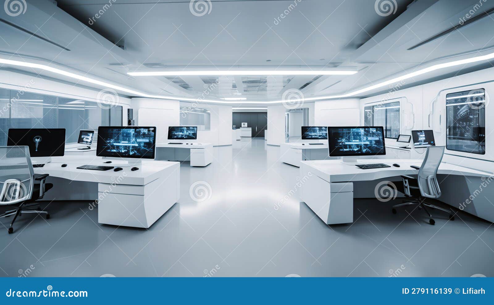 A Futuristic, Streamlined Office with Advanced Technologies and ...