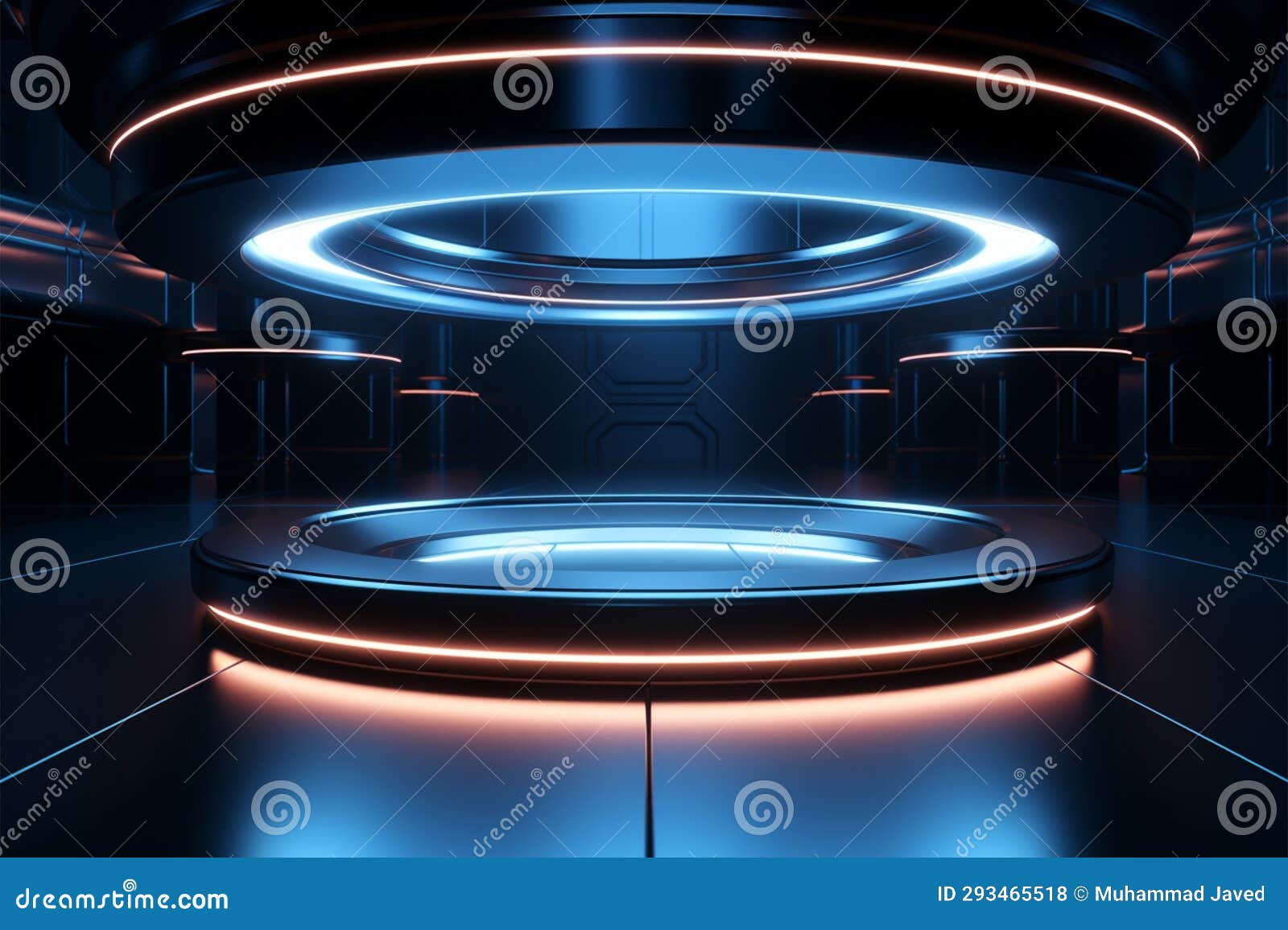 Futuristic Studio Room with a Dark Blue Backdrop and an Empty Podium ...