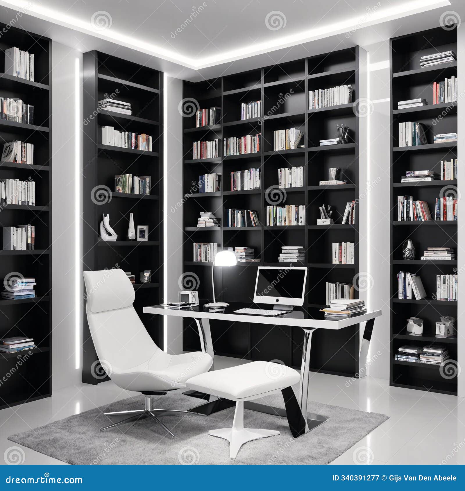 Futuristic Study Room with Digital Bookshelf Stock Illustration ...