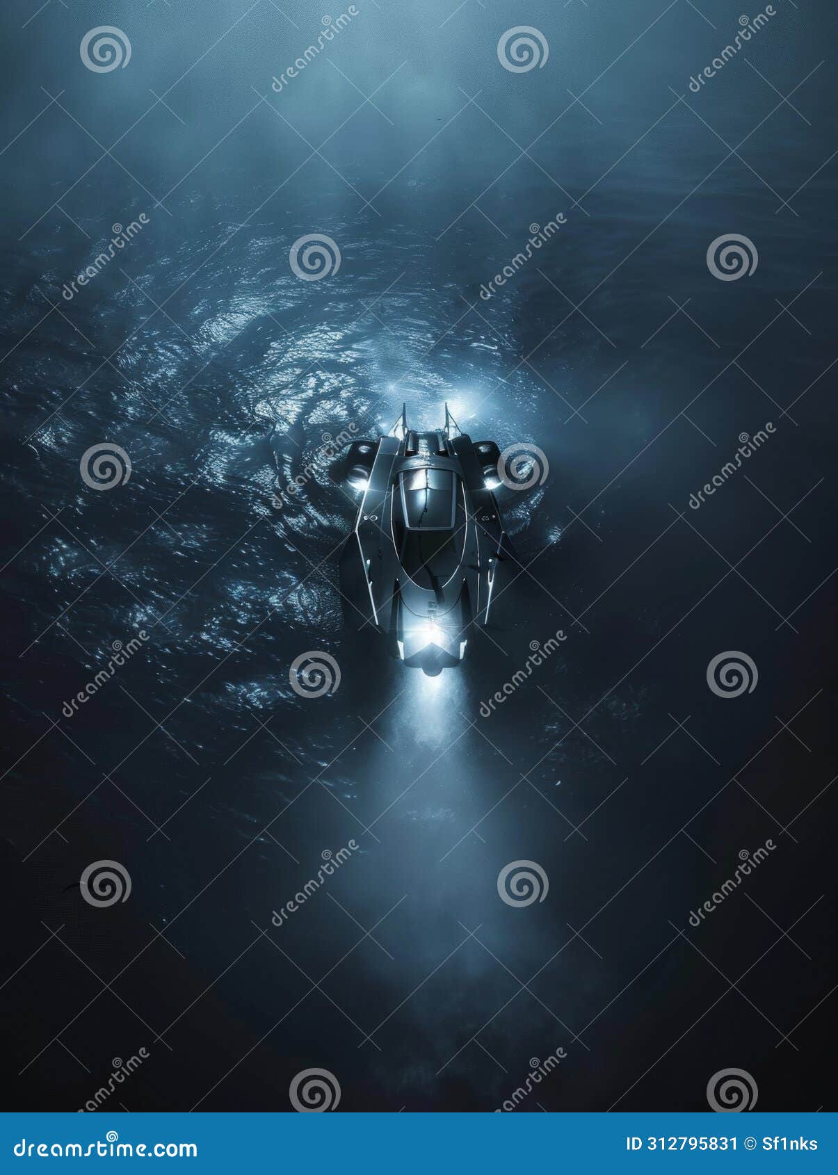 A Futuristic Submarine Emerges from the Deep Sea, Its Lights Piercing ...