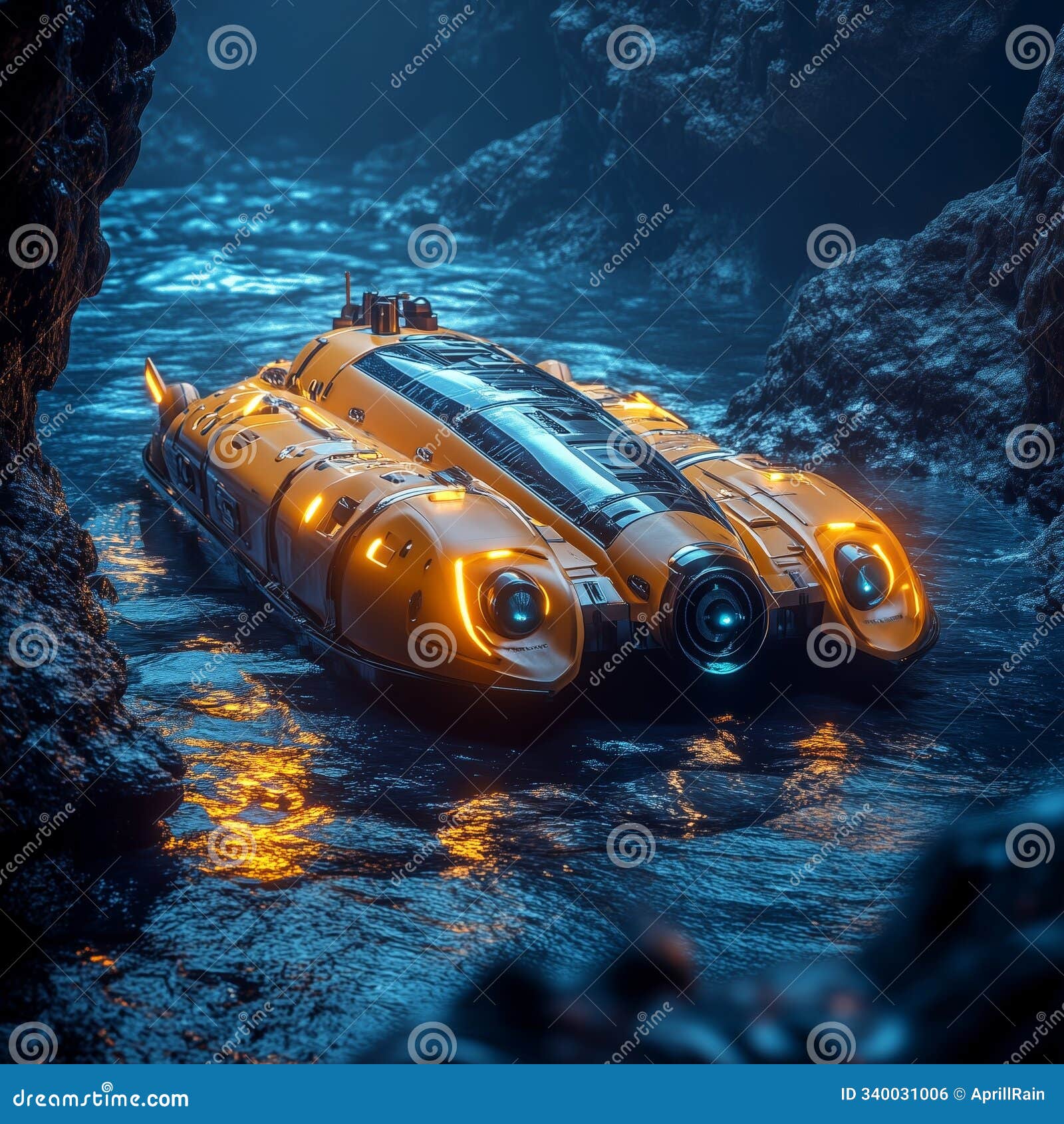 Futuristic Submarine Navigating Underwater Terrain Stock Photo - Image ...