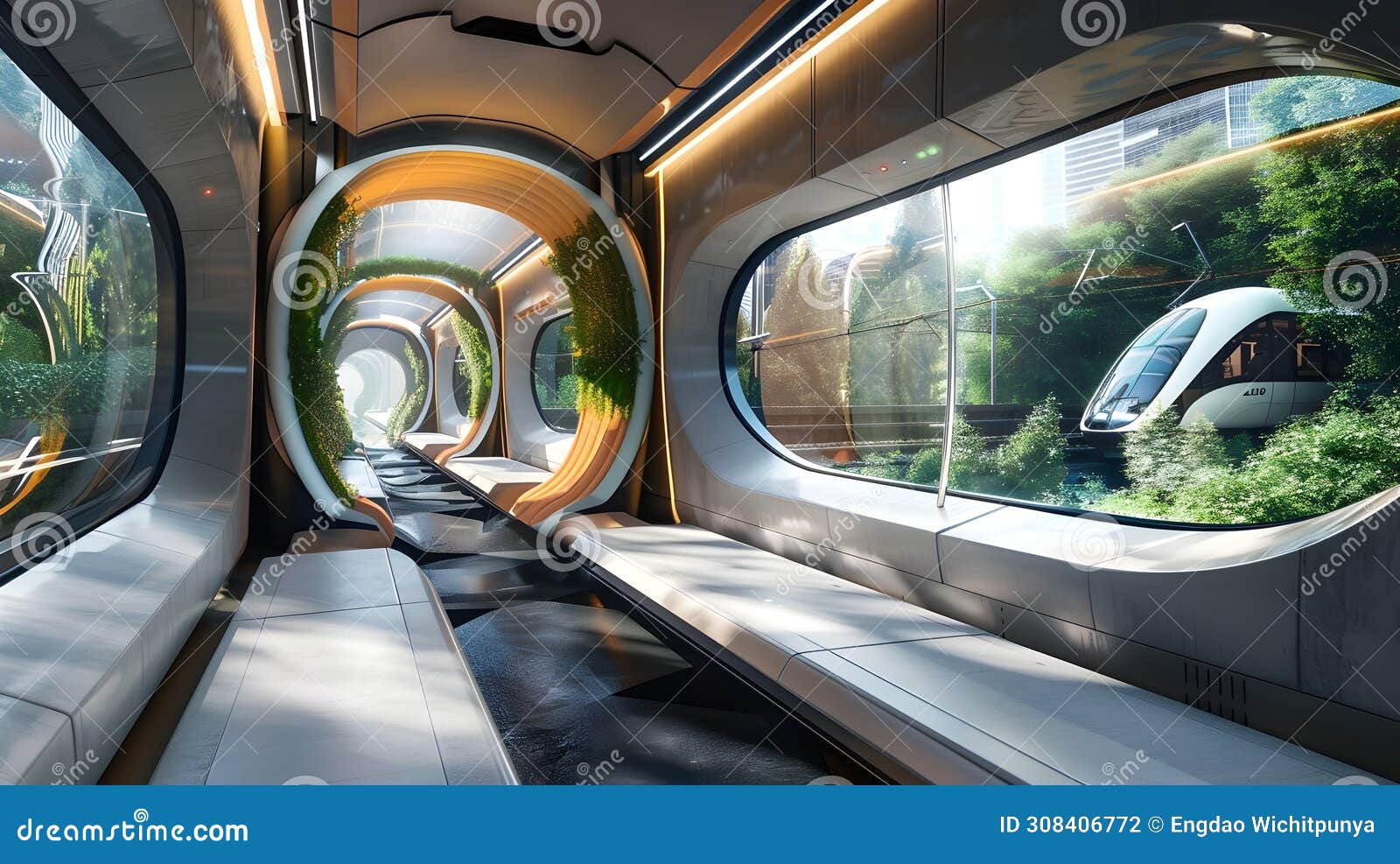 Futuristic Subway with Nature-Inspired Design and Train Interiors Stock ...