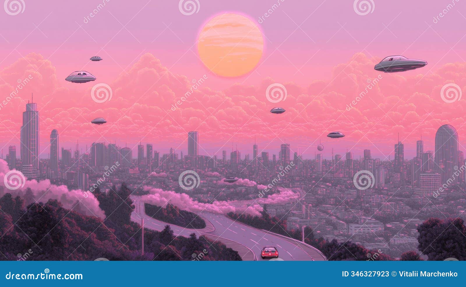 Futuristic Sunset Cityscape with Ufos in a Pink Sky Stock Illustration ...