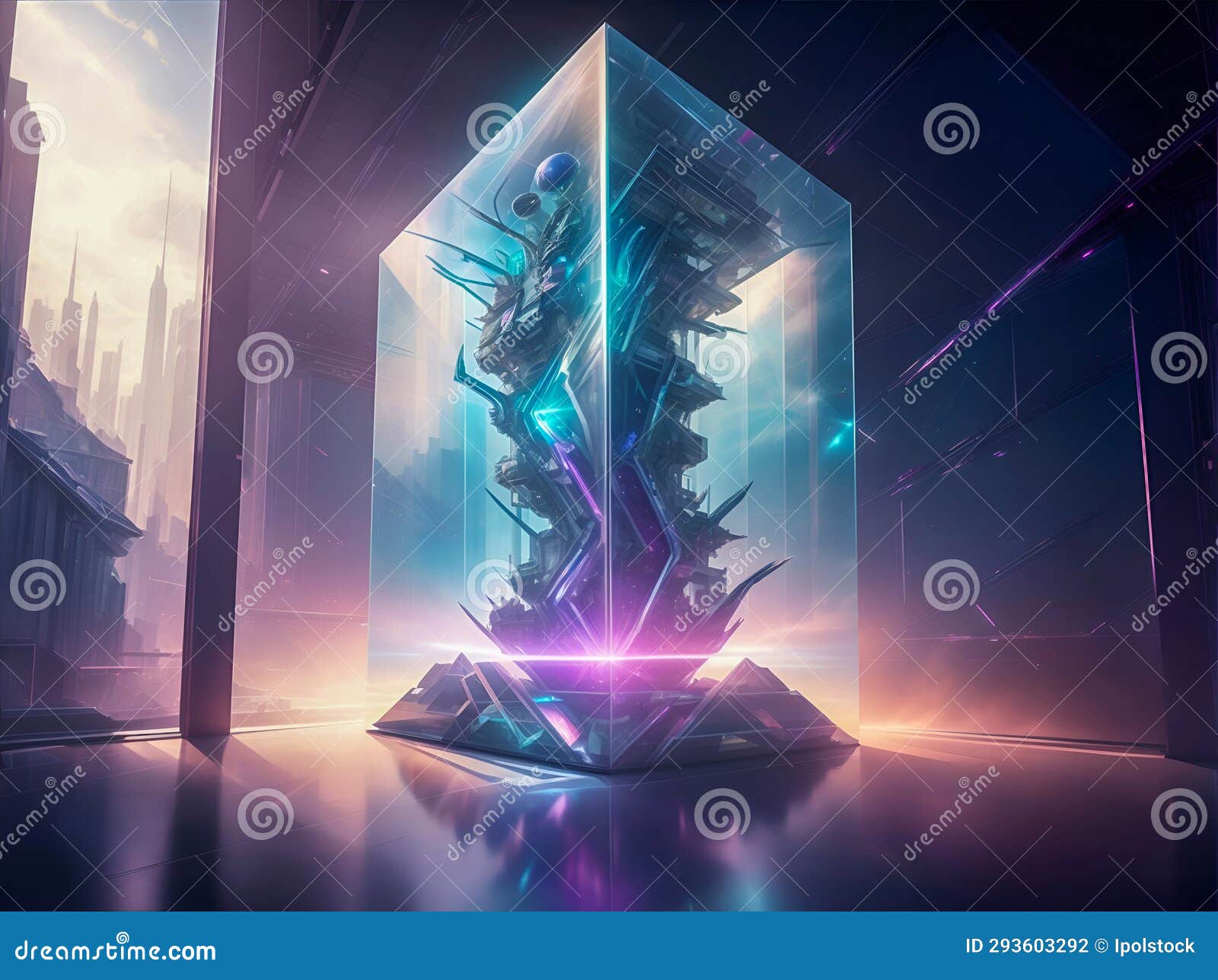 A Futuristic and Surreal Neon Glowing Glass Ice Cube Containing a ...