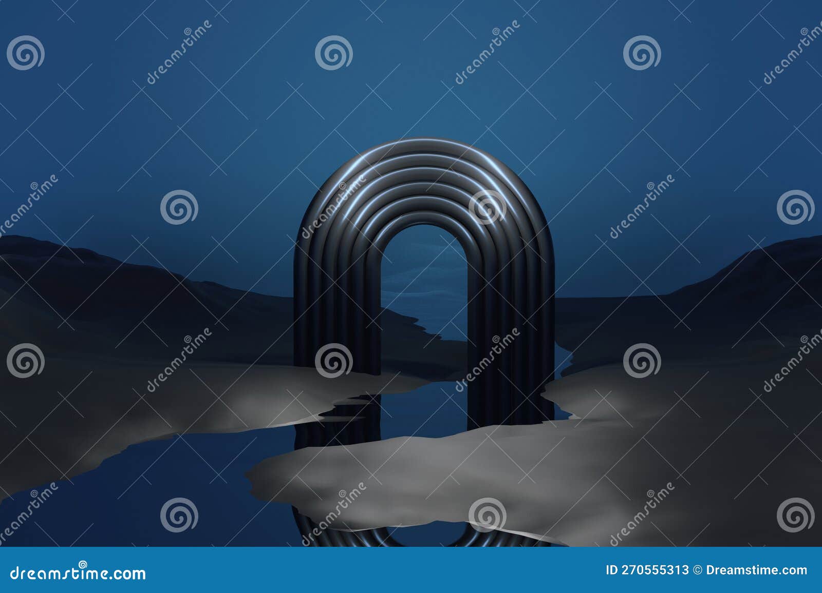 Futuristic Surreal Night Landscape With Black Arches And River Water ...