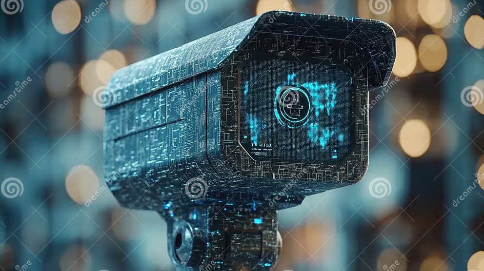 Futuristic Surveillance Camera with Digital Circuitry and Glowing Blue ...