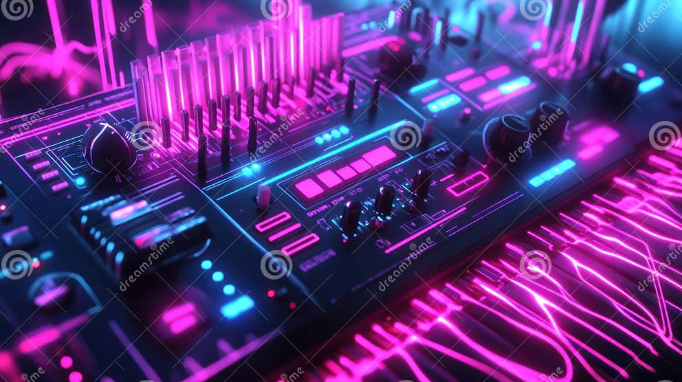 A Futuristic Synthesizer with Neon Lights and a Keyboard in the ...