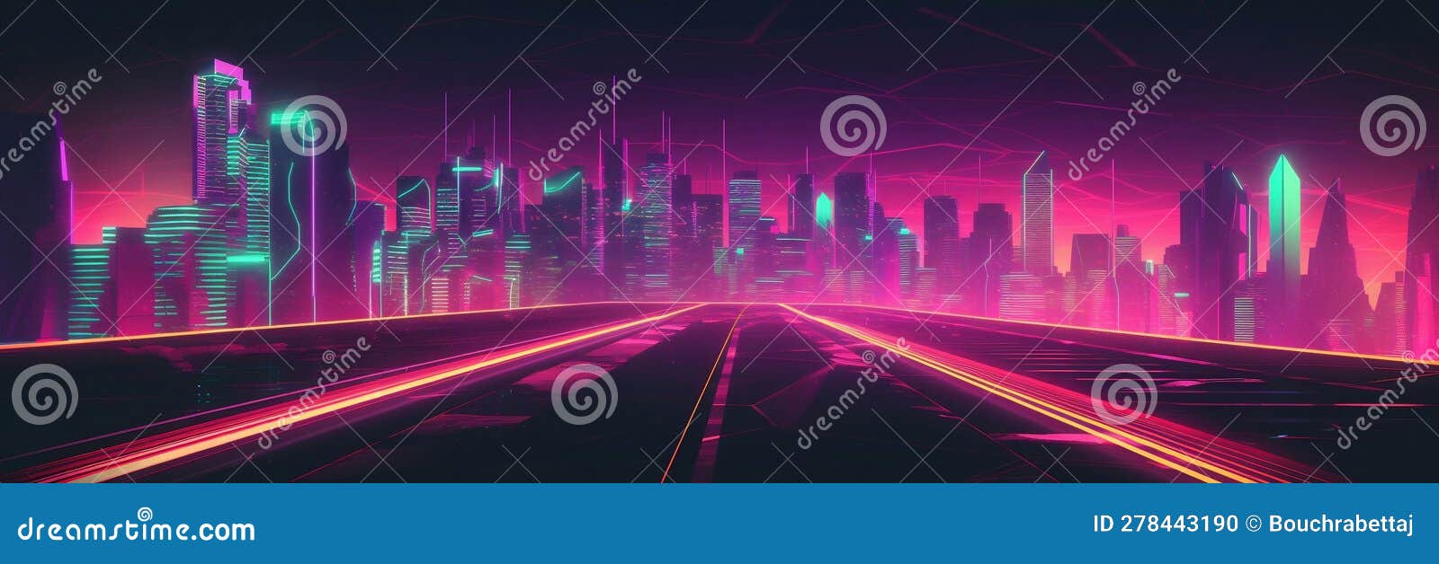 Futuristic Synthwave Cityscape Banner with Abstract Road Trails ...