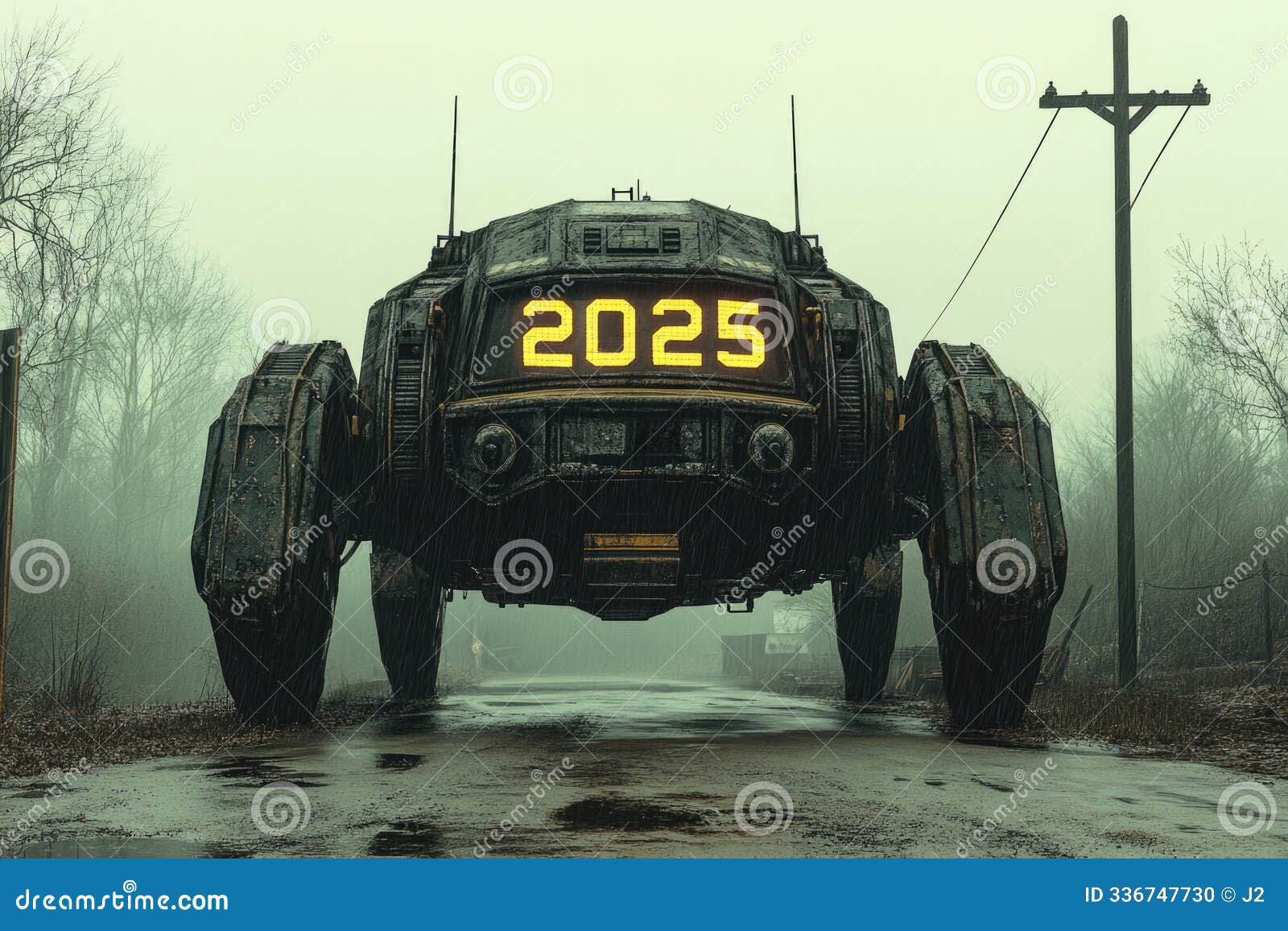 Futuristic Tank Robot on Misty Road Displaying 2025 in Retro Style. AI ...