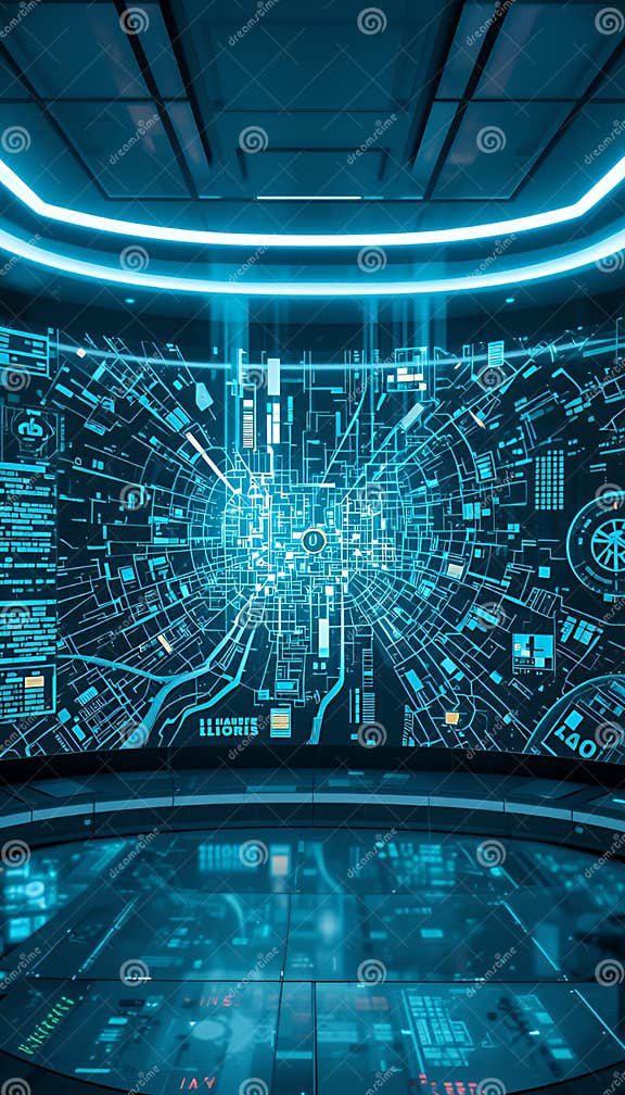Futuristic Teal Digital Control Room with Complex Network Visualization ...