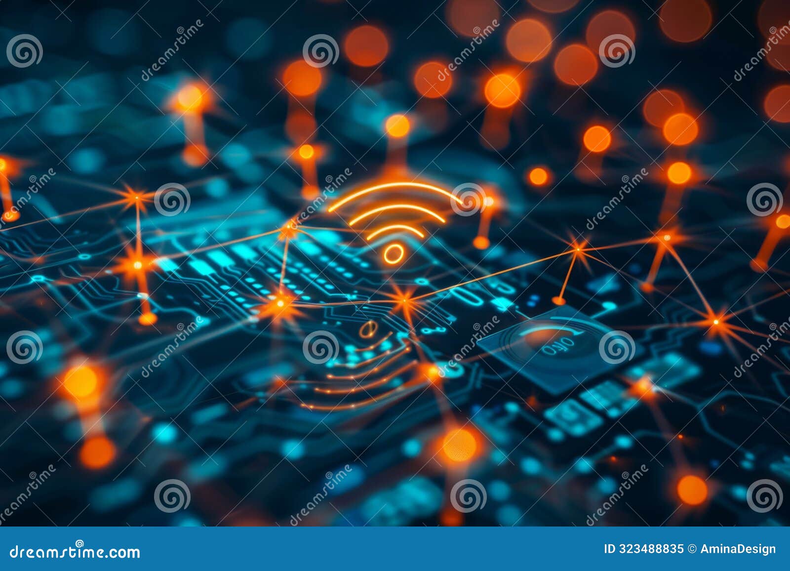 Futuristic Tech Concept With Circuit Board And WiFi Symbol In Blue And ...