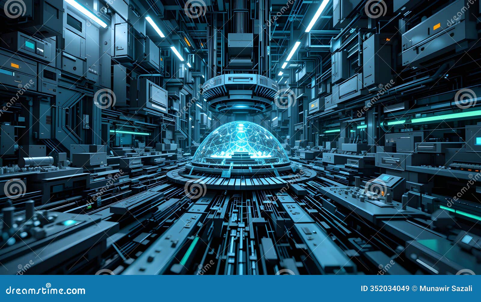 Futuristic Tech Corridor with Central Dome Display Stock Image - Image ...