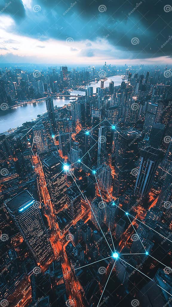 A Futuristic Tech Hub with Visible 5G Data Nodes Connecting Multiple AI-managed Systems. Stock ...