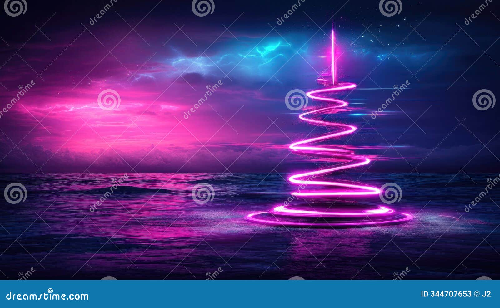 Futuristic Techno Christmas Tree with Neon Lights Over Water in a Night ...