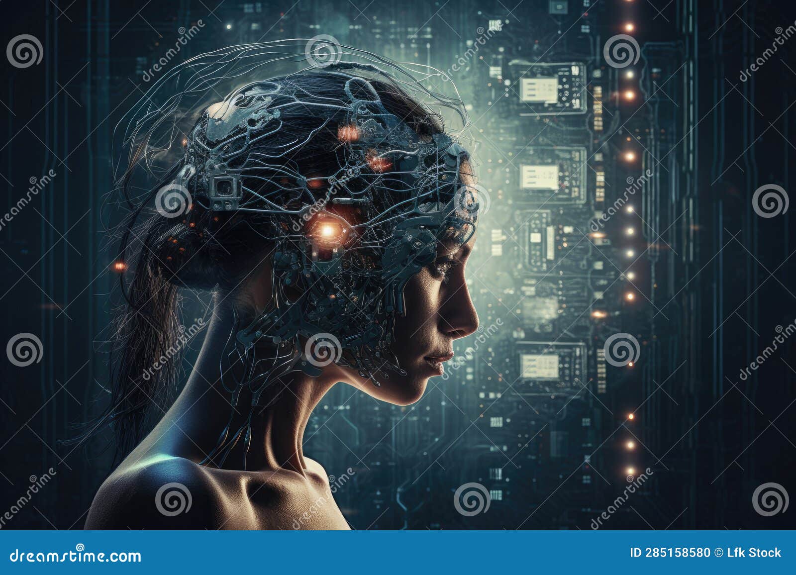 A Futuristic Technological Device and Cables Implanted on a Woman S ...