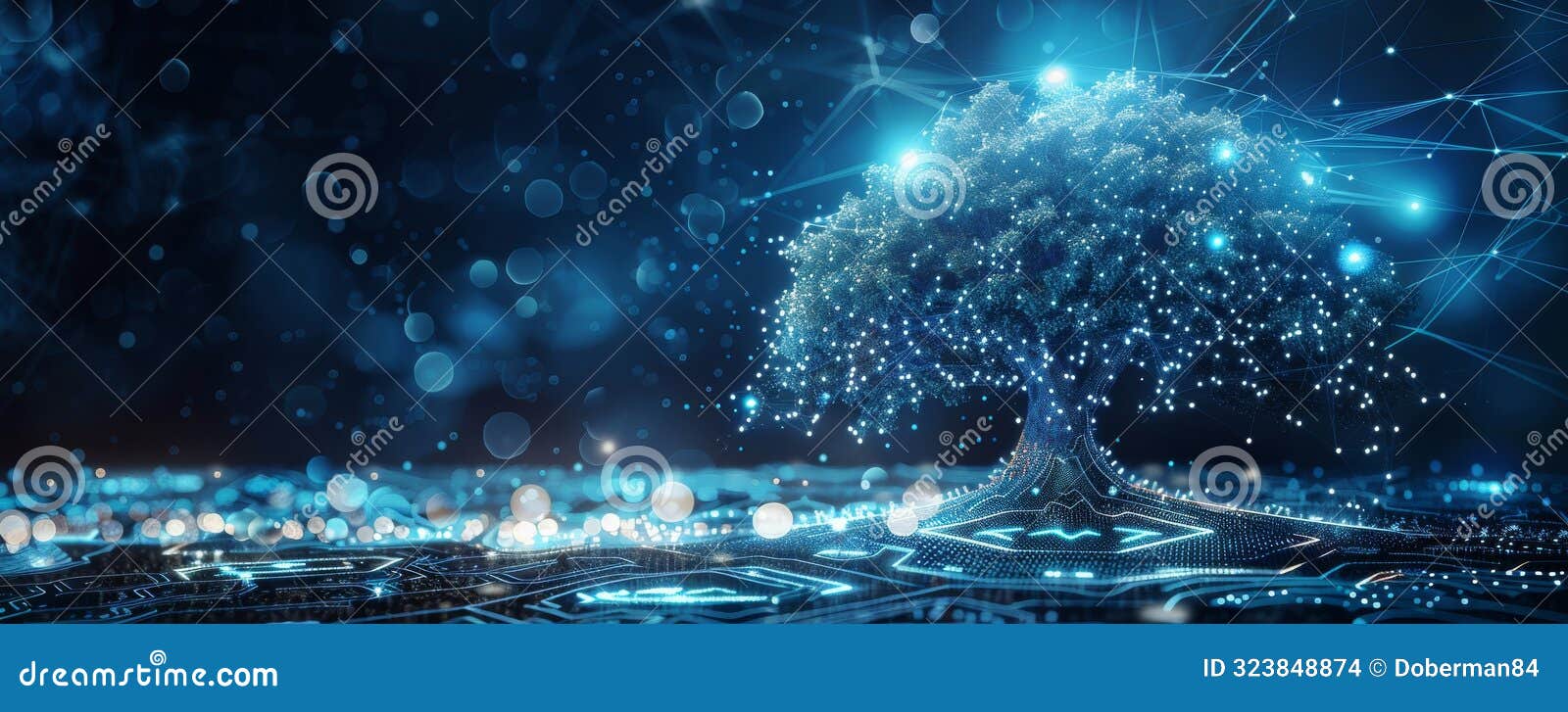 Futuristic Technological Tree with Interconnected Digital Nodes on a ...