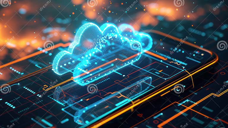 Futuristic Technology Concept, Cloud Computing Concept. Phone with Technological Interface and ...