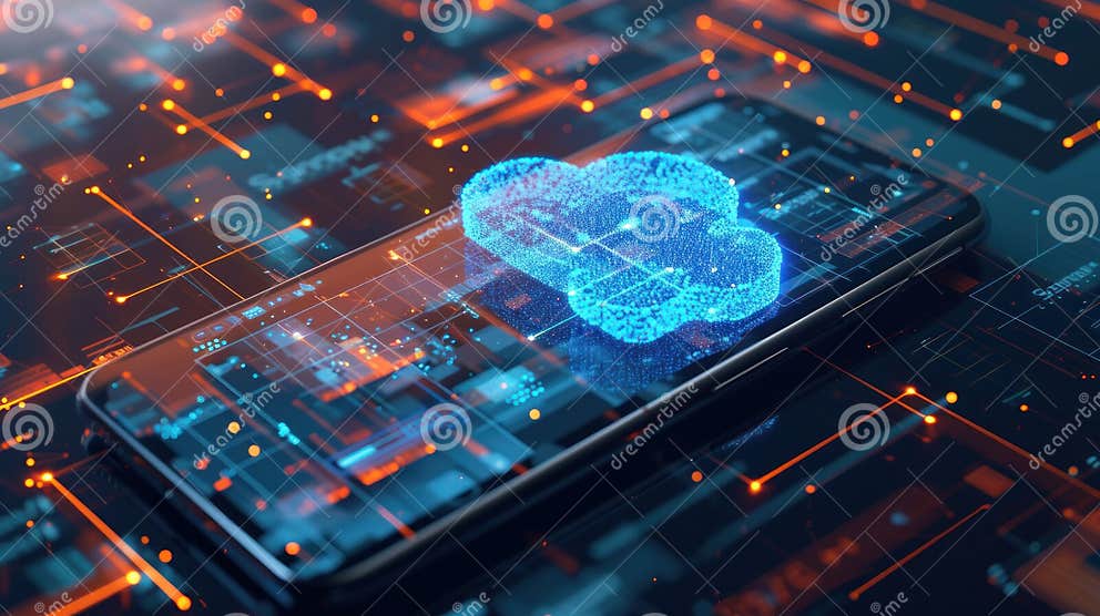 Futuristic Technology Concept, Cloud Computing Concept. Phone with Technological Interface and ...